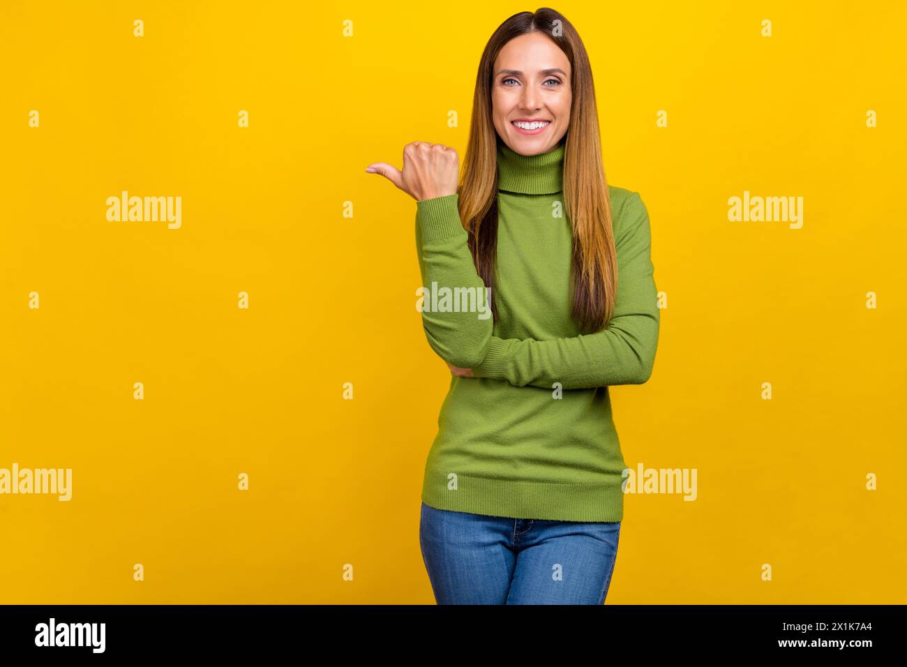 Photo of satisfied nice person indicate thumb ginger empty space ...