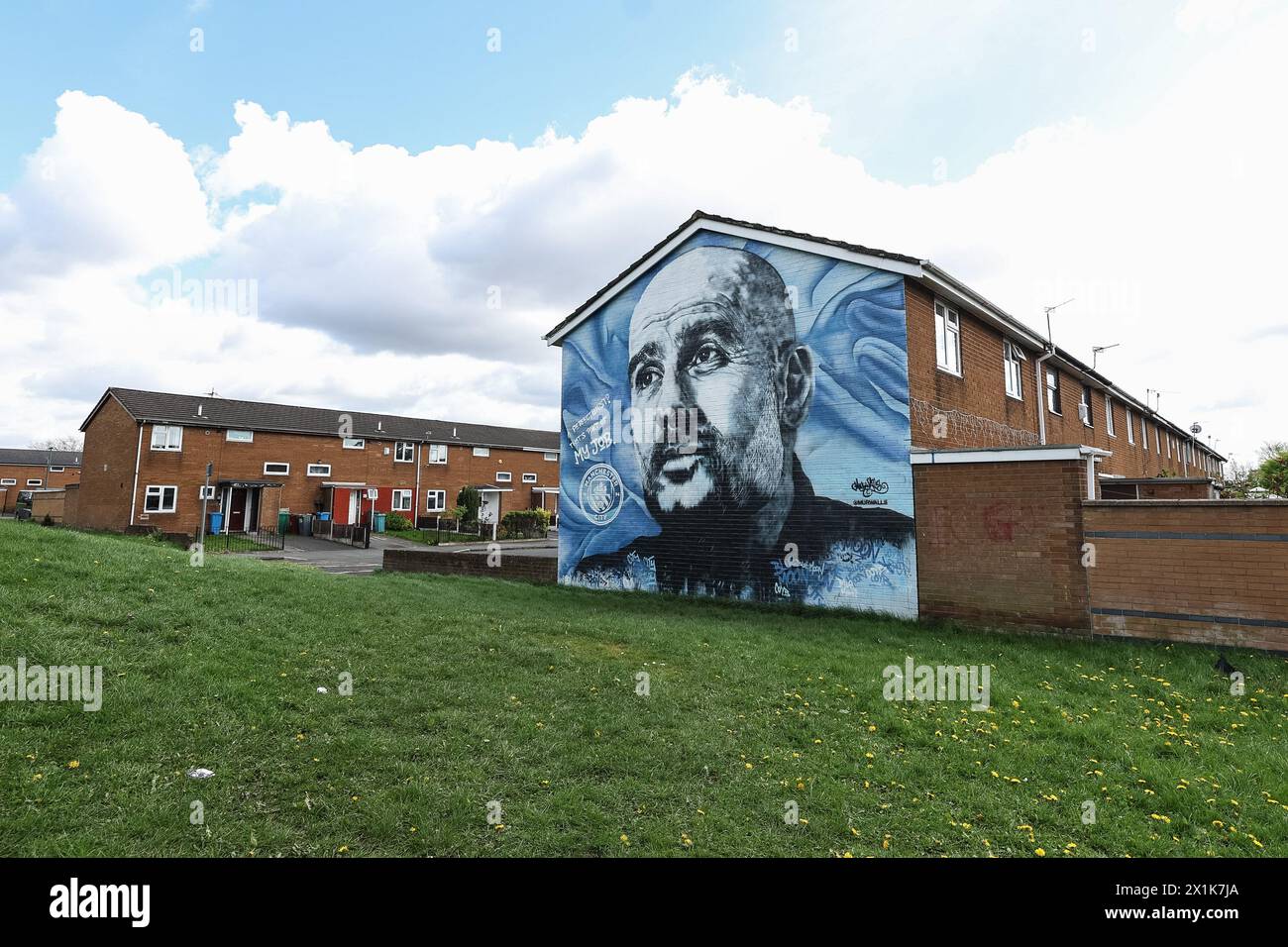 A Pep Guardiola manager of Manchester City mural on the gable end of a ...