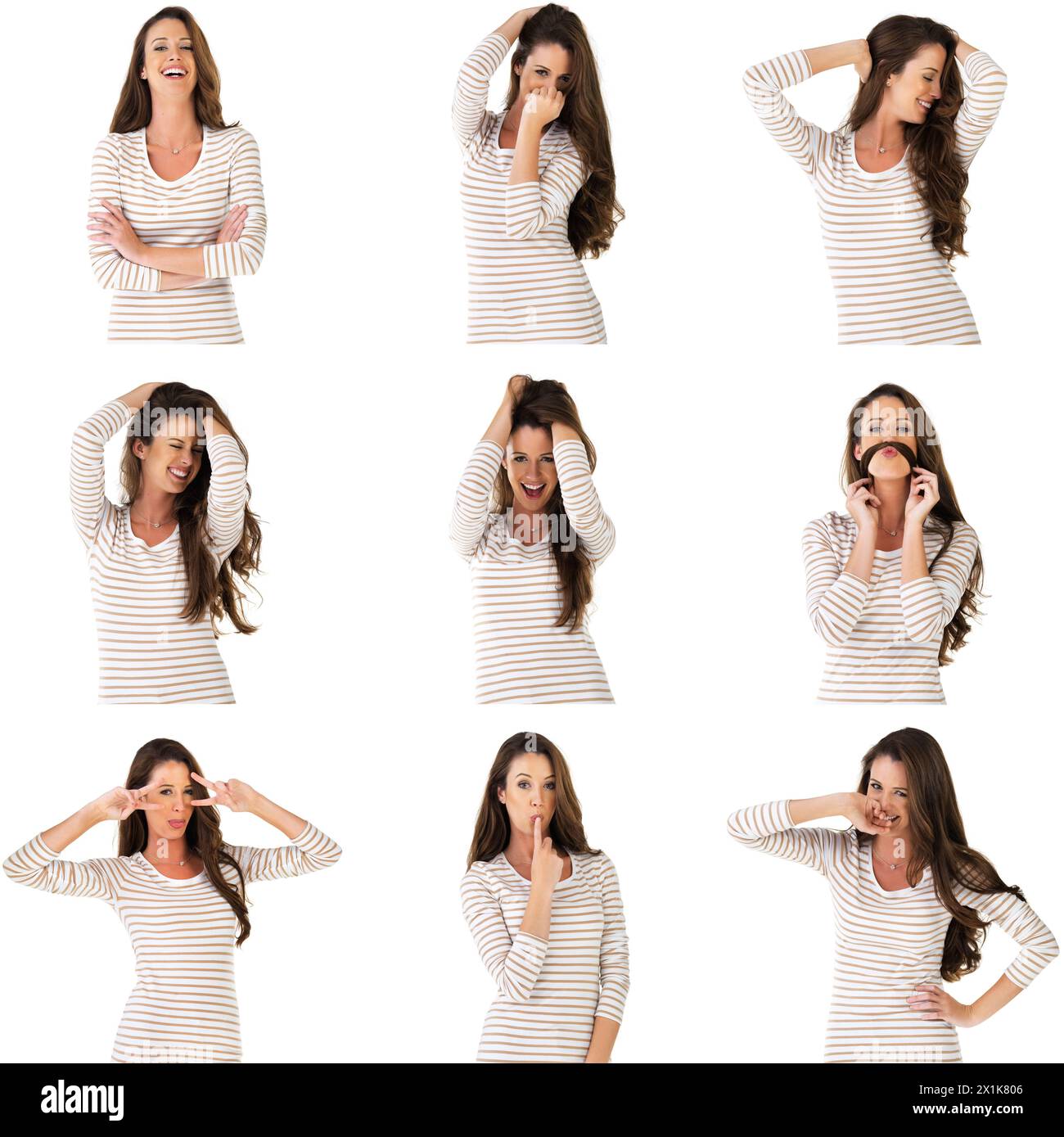 Collage, woman in portrait and funny in studio with comic, goofy and ...