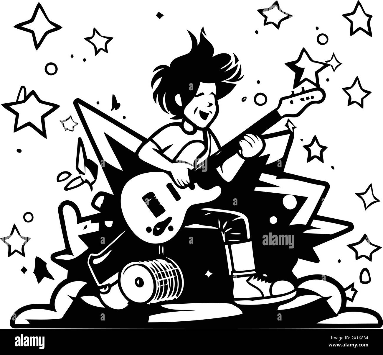 Rock musician playing electric guitar. Vector illustration in cartoon ...