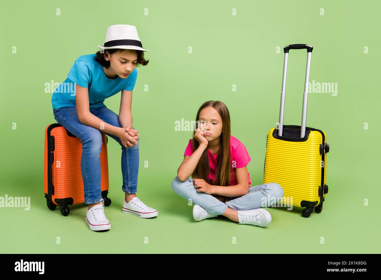 Full length photo of tired bored friends wear t-shirts going journey ...