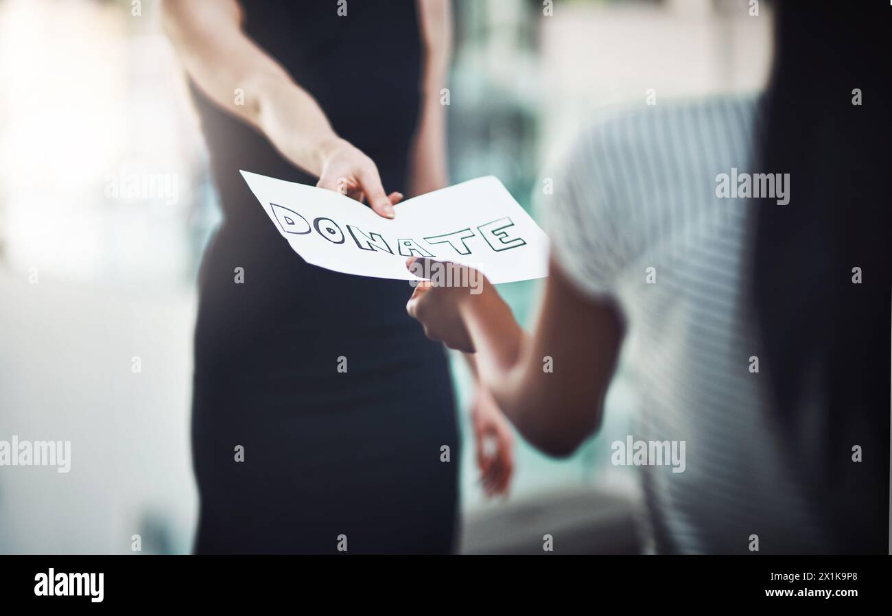 Woman, hands and paper for volunteer to donate with charity service for ...