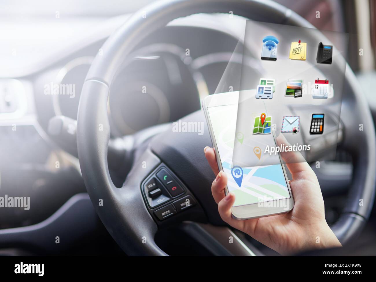 Woman, hands and smartphone with hologram in car with digital maps for ...