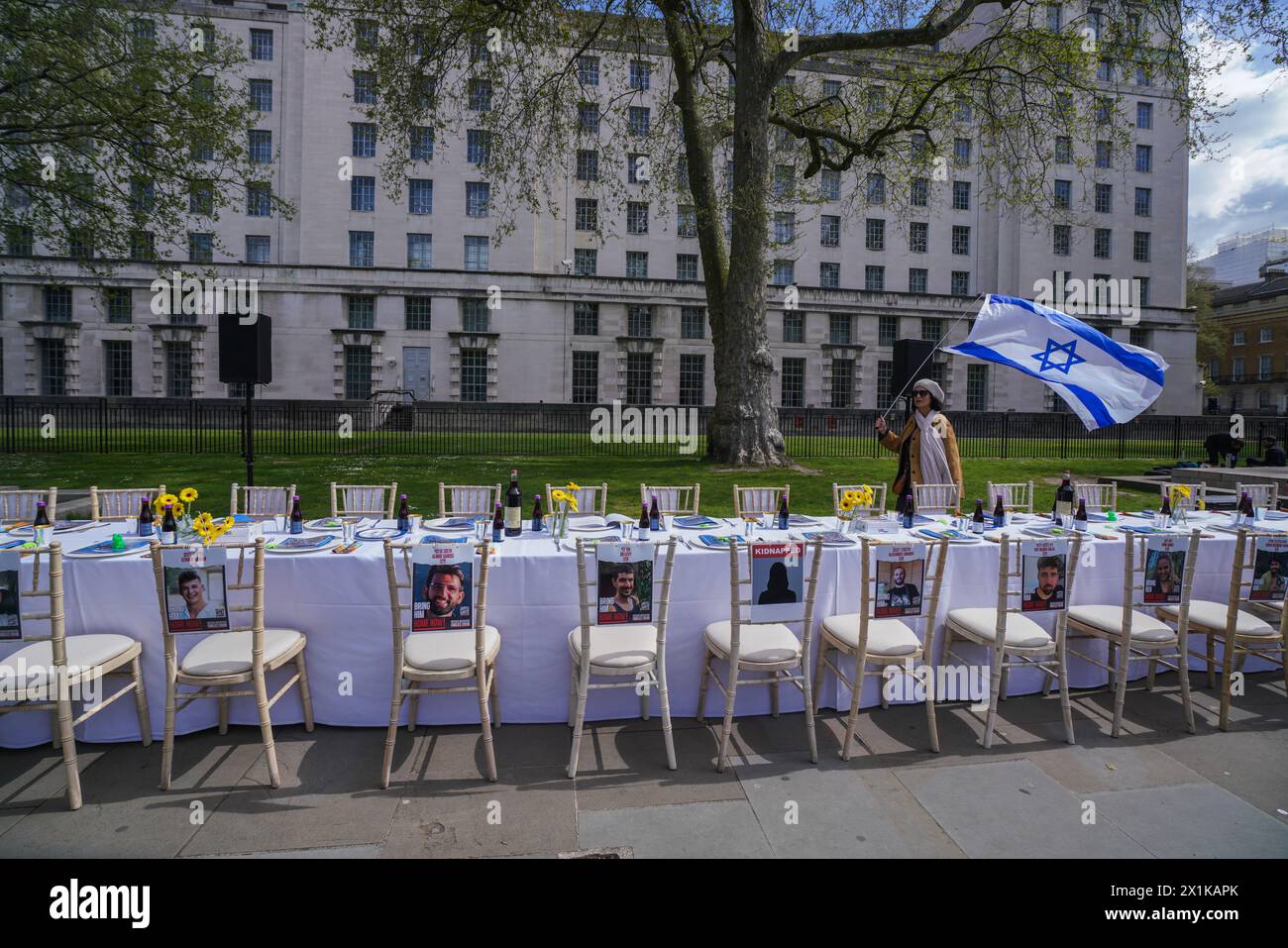London 17 April 2024 . Empty tables are set up in Whitehall opposite ...