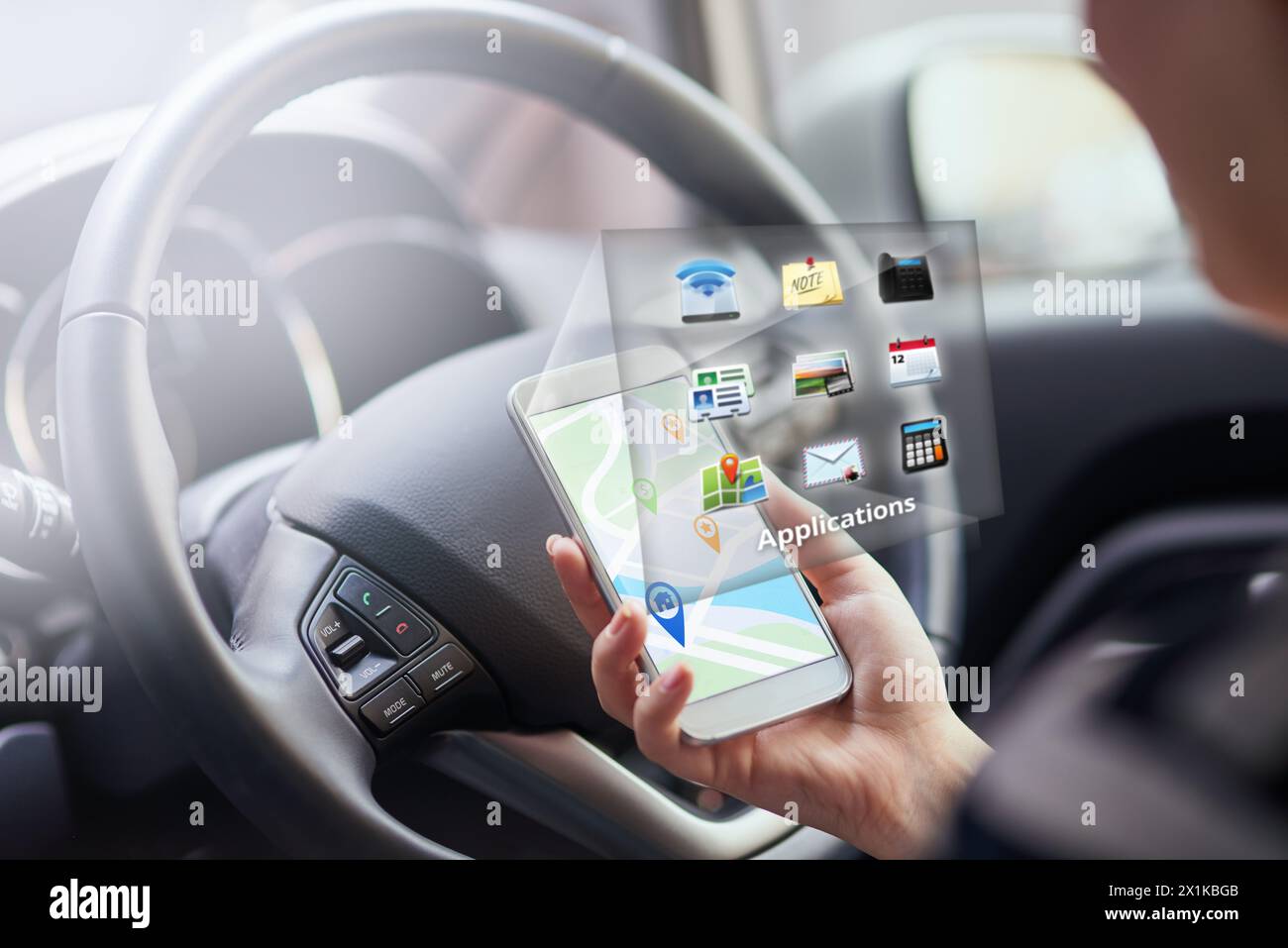 Person, hands and smartphone with hologram in car with digital maps for ...