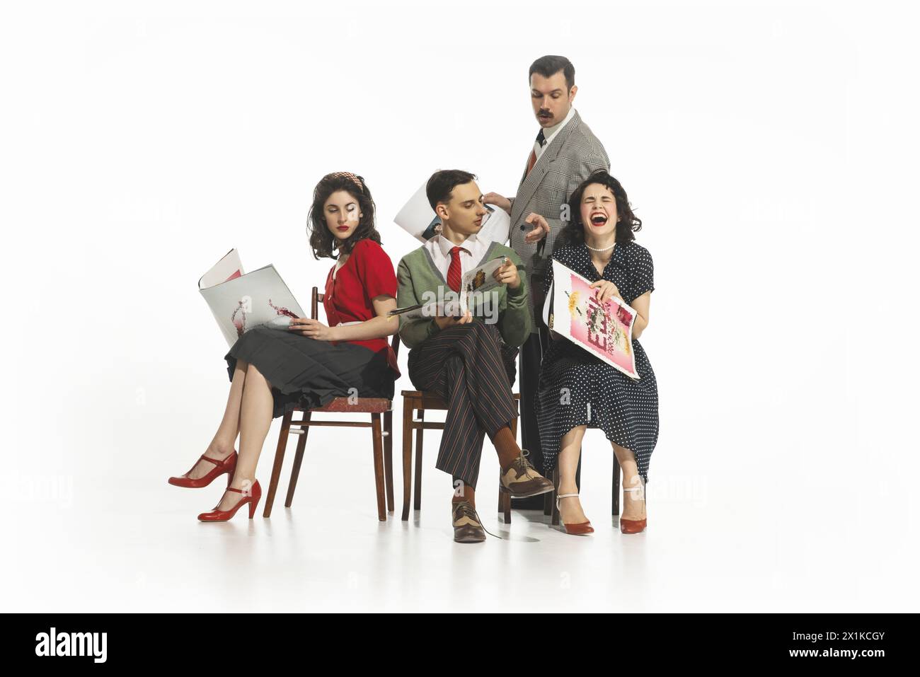 Four people, men and women in retro-style clothes sitting on chair and ...