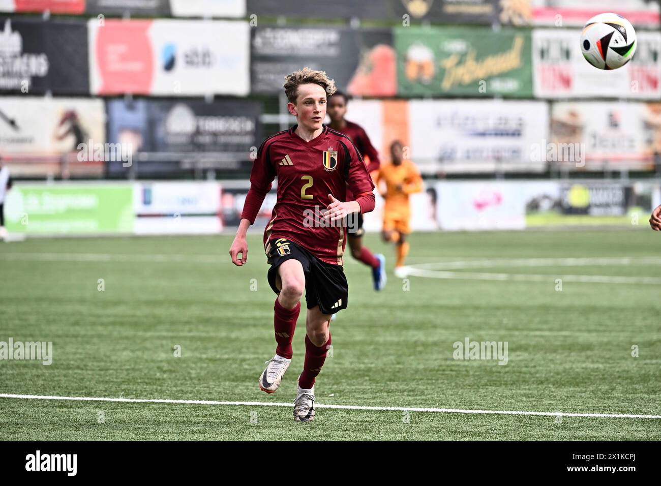 Bilzen, Belgium. 17th Apr, 2024. Matisse Willemot of Belgium pictured in action with the ball ...