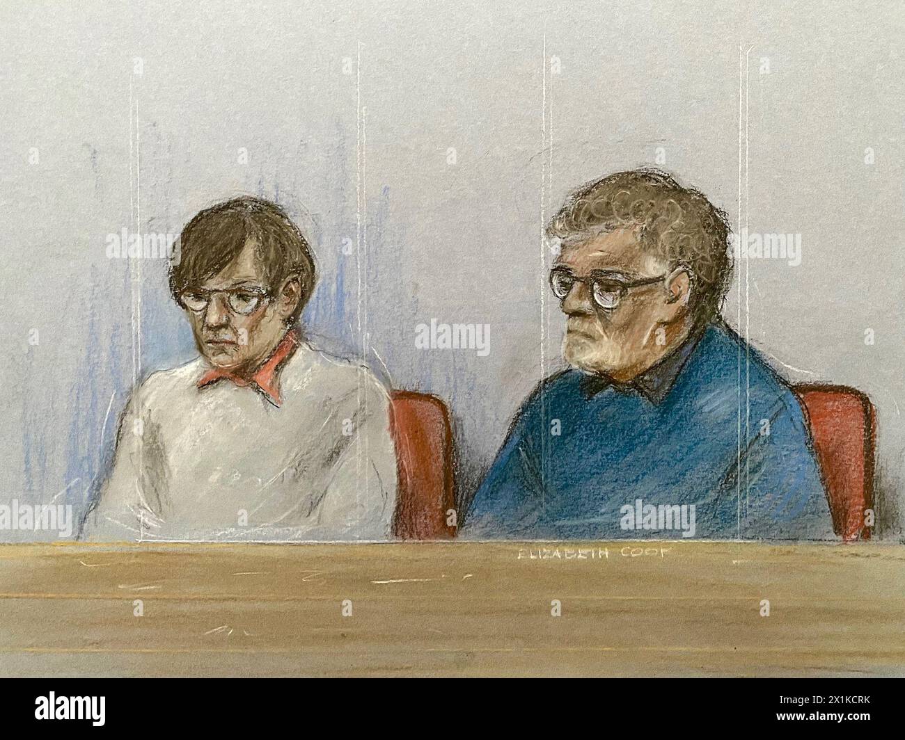 Court artist sketch by Elizabeth Cook of Margaret Morgan, 74 and Allen ...