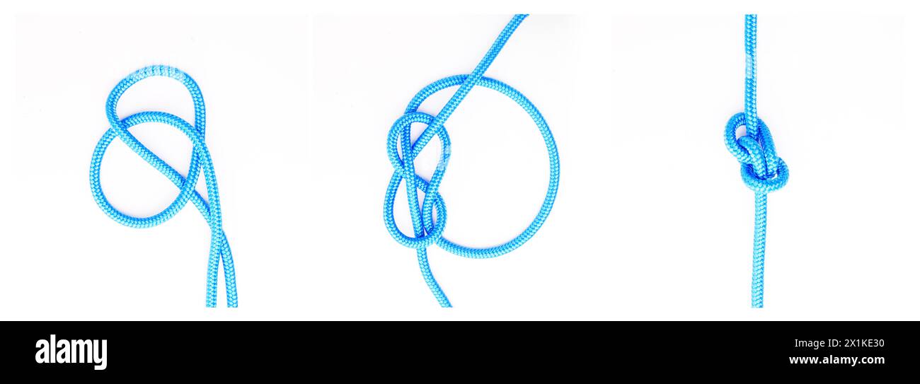 Guide, steps or how to tie ropes on white background in studio for ...