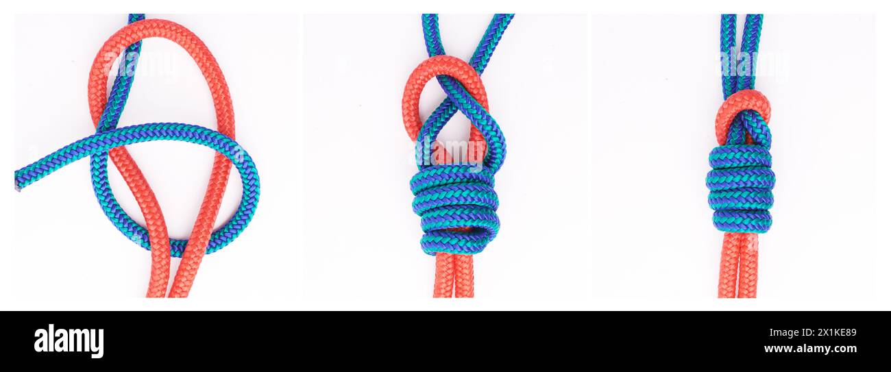 Guide, steps or how to tie knot on white background in studio for ...