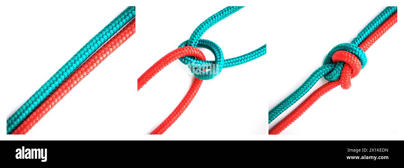 Knot, safety or how to tie ropes on white background in studio for ...