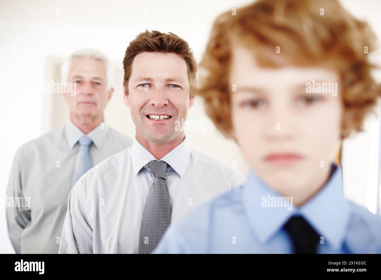 Father, grandfather and kid in portrait at home with love, care and ...