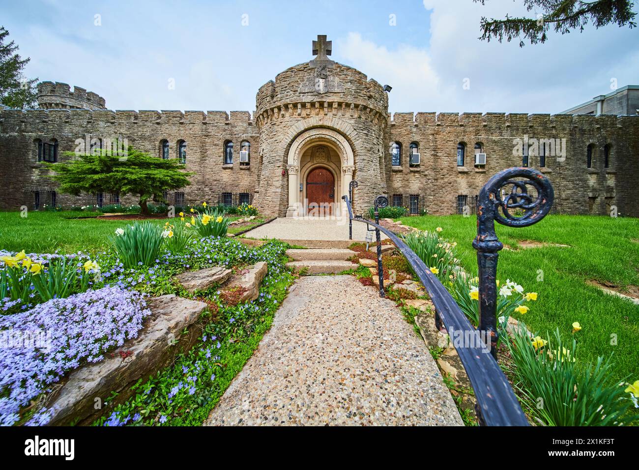 Majestic Stone Castle with Garden Pathway - Overcast Day Stock Photo ...
