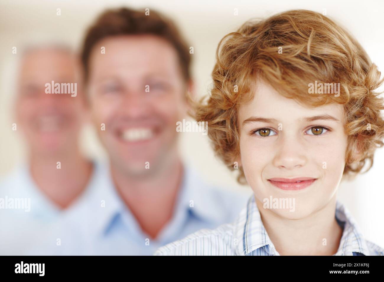 Row, kid and father or grandfather portrait with smile for bonding ...