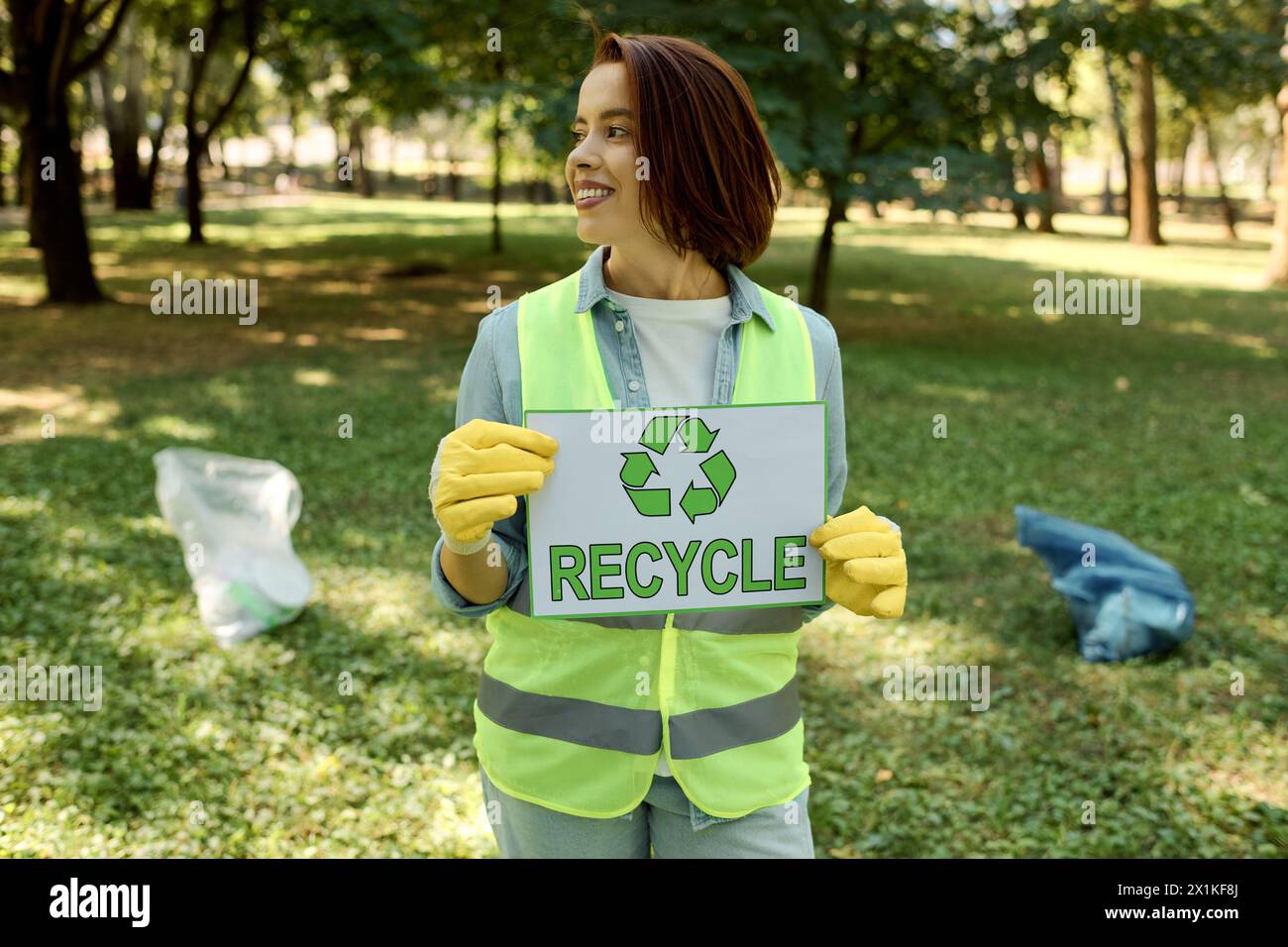 Woman wearing safety vest holds recycle sign, promoting sustainability ...