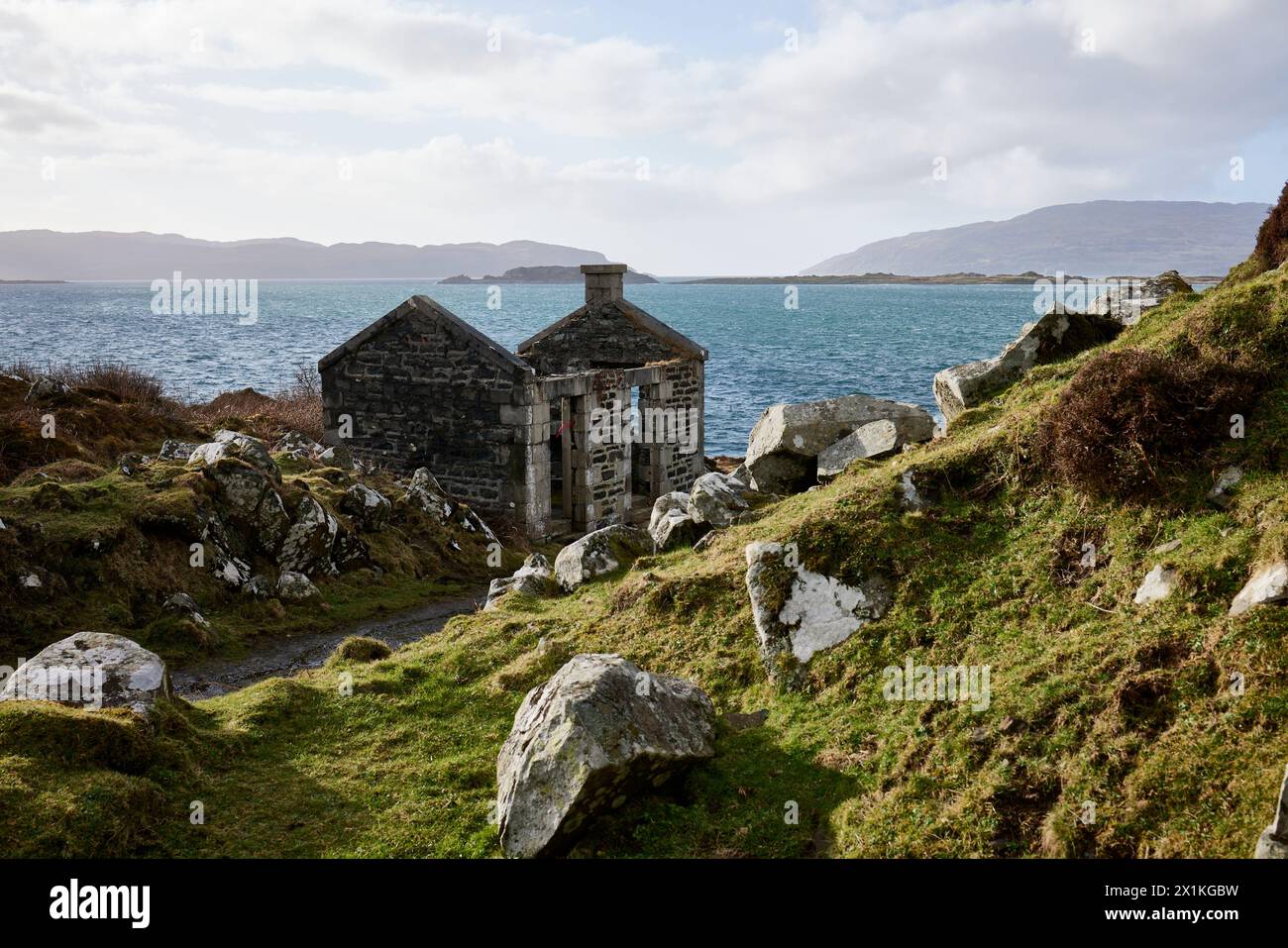 Derelict building at Craignish Point overlooking the Sound of Jura ...