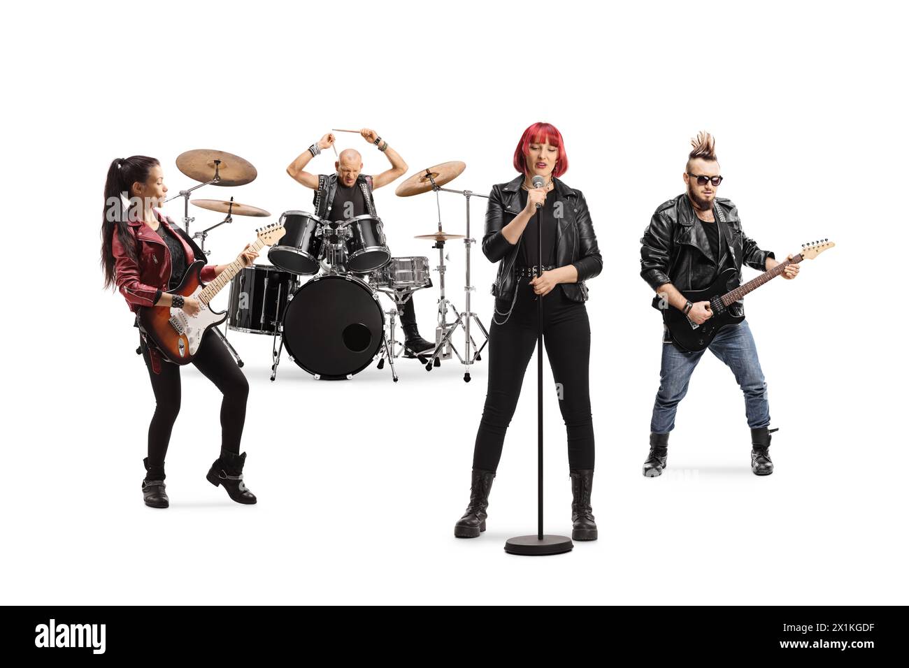 Rock band performing with female singer isolated on white background ...