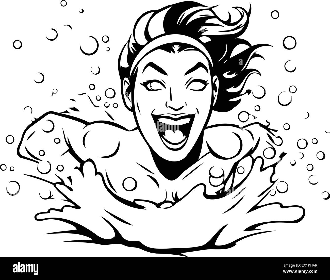Vector Illustration Of A Woman Swimming In The Pool With Splashes Of