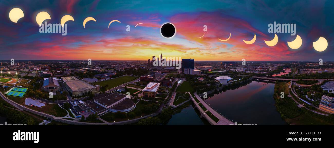 Aerial Solar Eclipse over Indianapolis Skyline at Sunrise Stock Photo ...