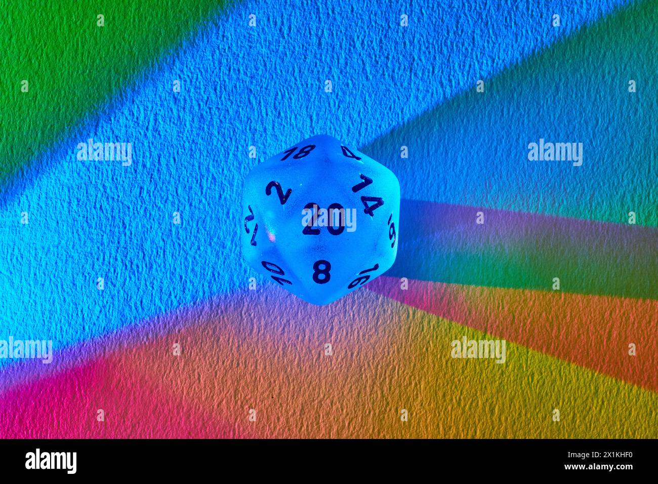 Translucent D20 Die with Rainbow Prism Effect and Eye-Level Perspective ...