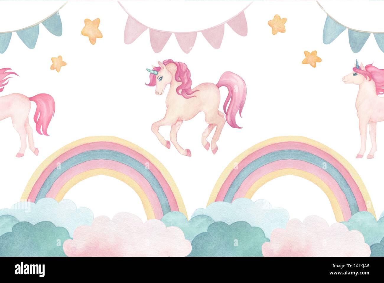 Watercolor seamless border or frame with illustration of cute cartoon ...