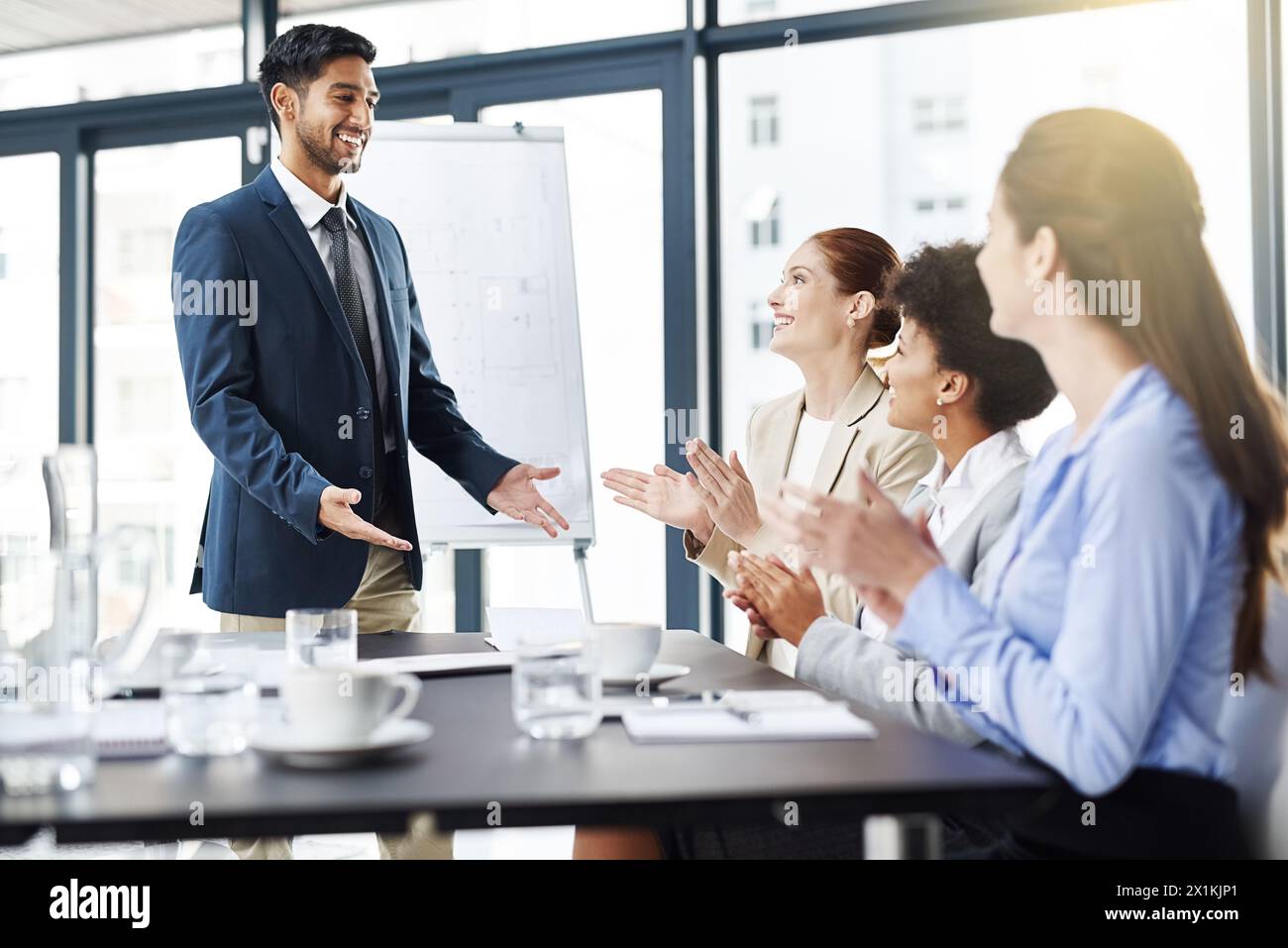 Applause, business people and meeting for support at presentation ...