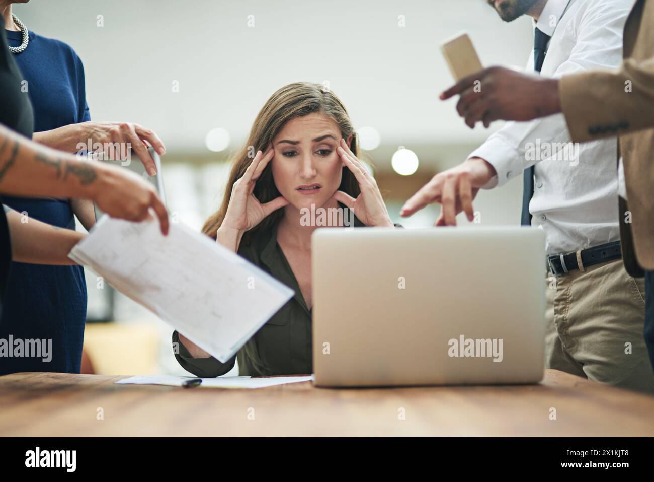 Stress, chaos and business woman with headache for documents, report ...