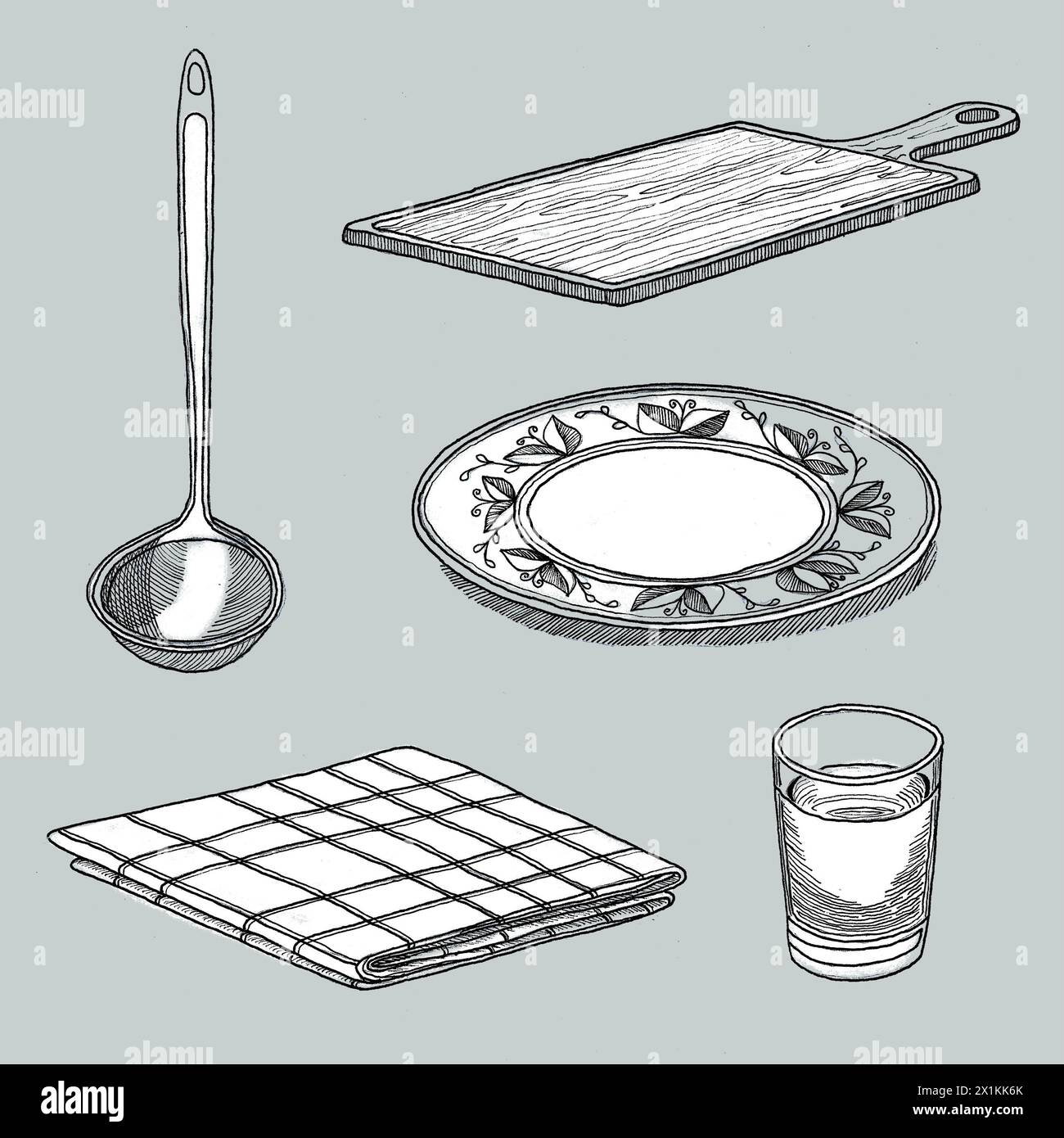 Household objects - hand-drawn illustration - black lines with white ...
