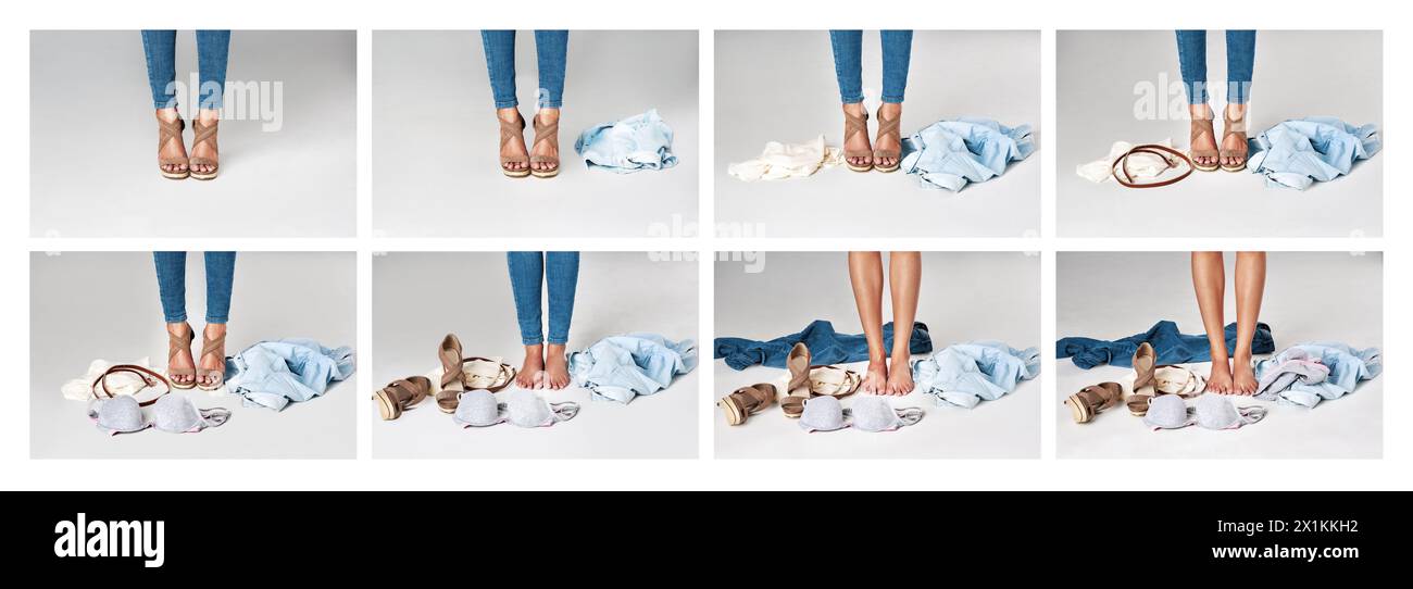 Legs, dressing and clothes on floor, person and collage of process ...