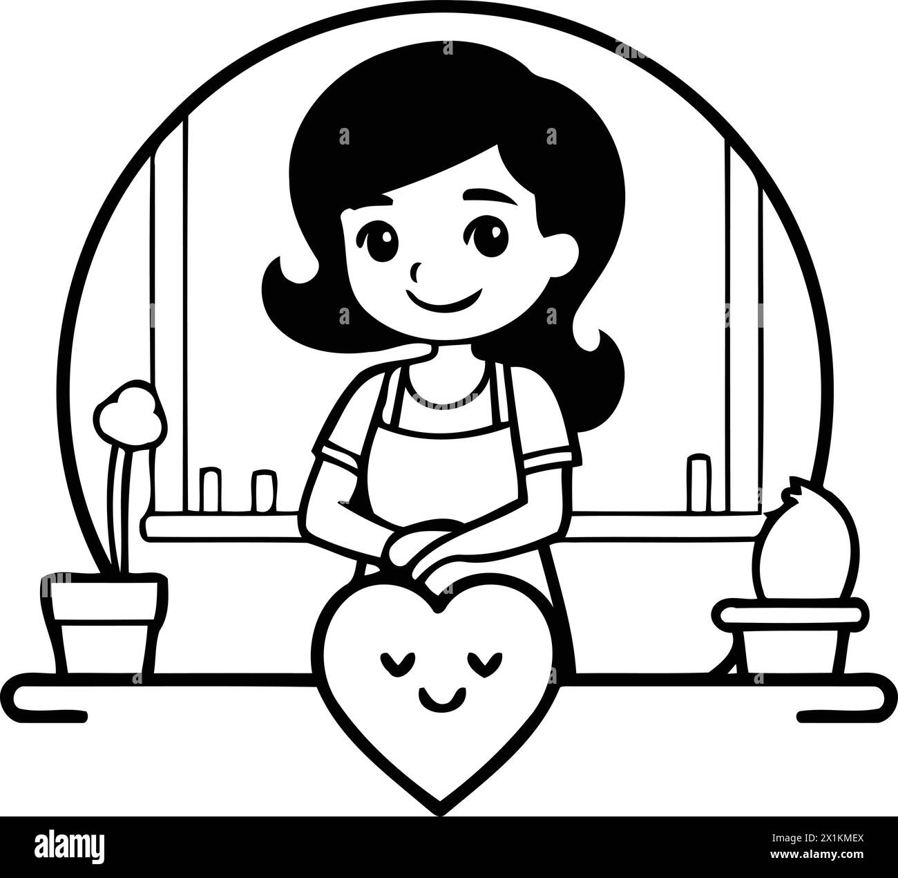 Girl with heart in the window. Vector illustration in flat style Stock ...