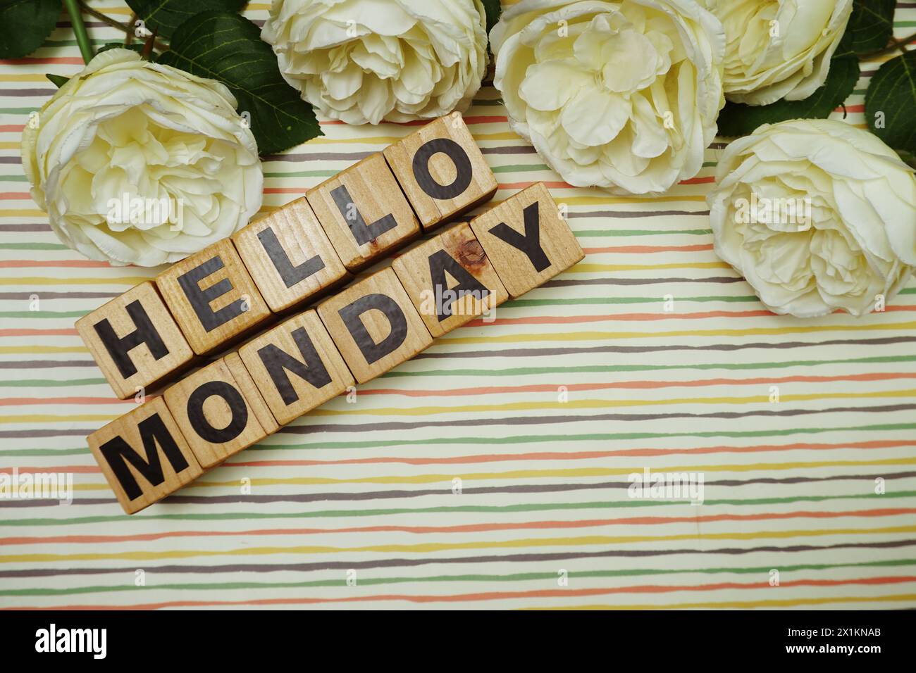 Hello Monday alphabet letters on colorful stripes background Stock ...