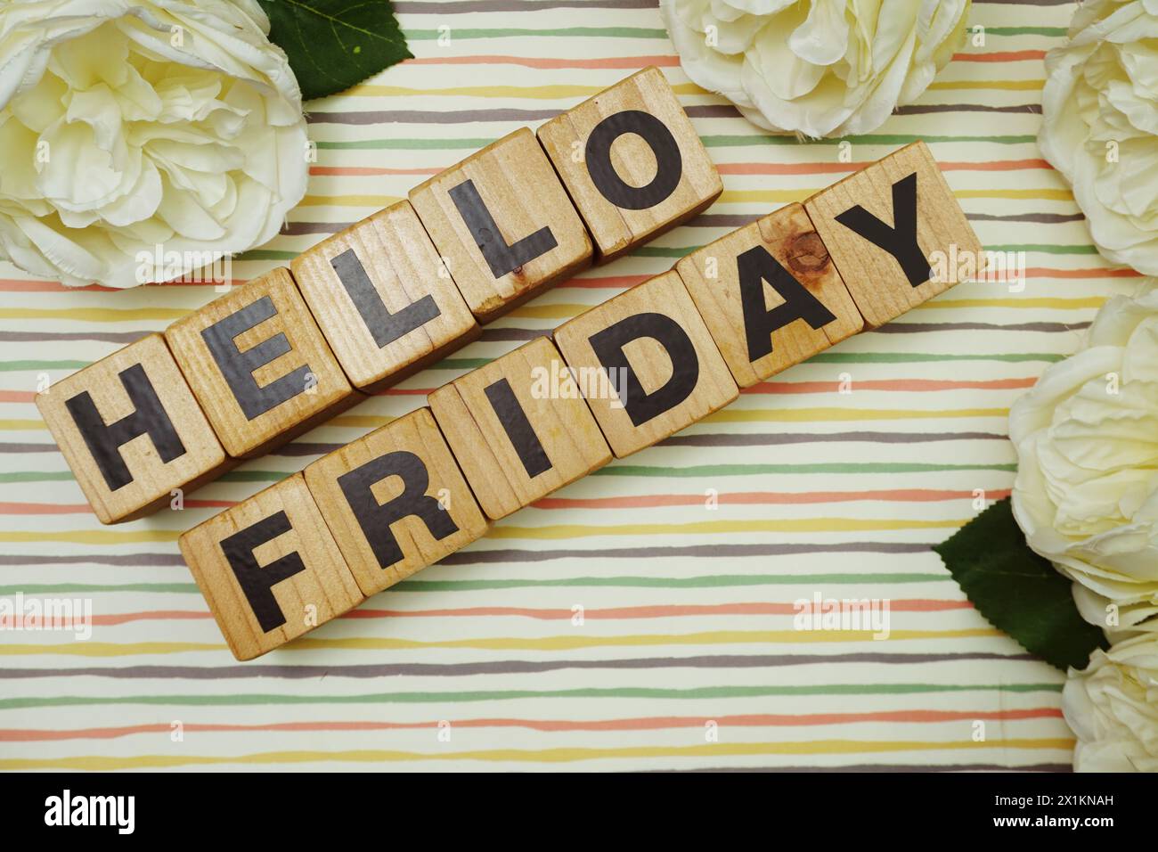 Hello Friday alphabet letters on colorful stripes background Stock ...