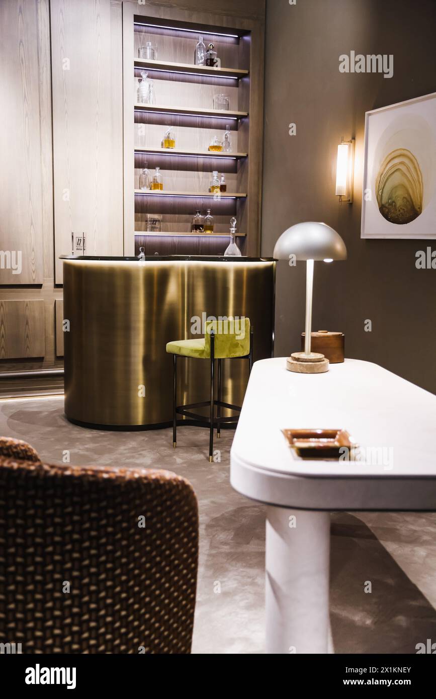 A general view of a fair stand at the Salone Internazionale del Mobile ...