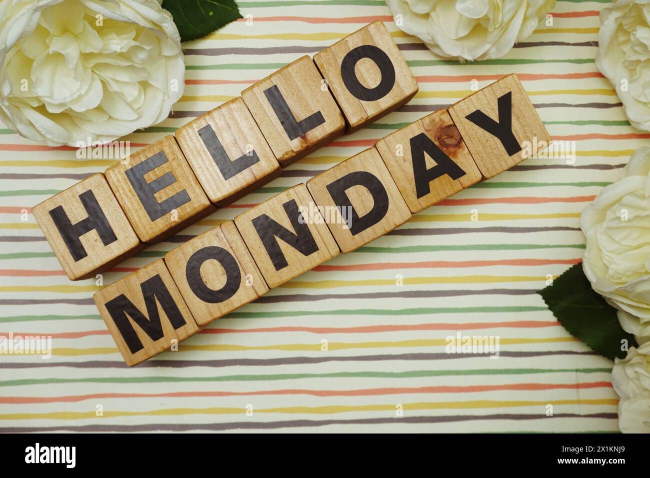 Hello Monday alphabet letters on colorful stripes background Stock ...