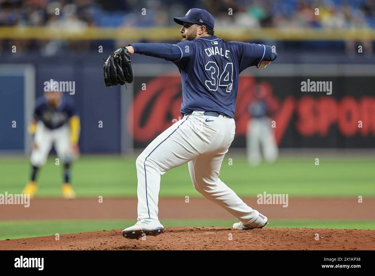 St. Petersburg, FL: Tampa Bay Rays pitcher Aaron Civale (34) delivers a ...