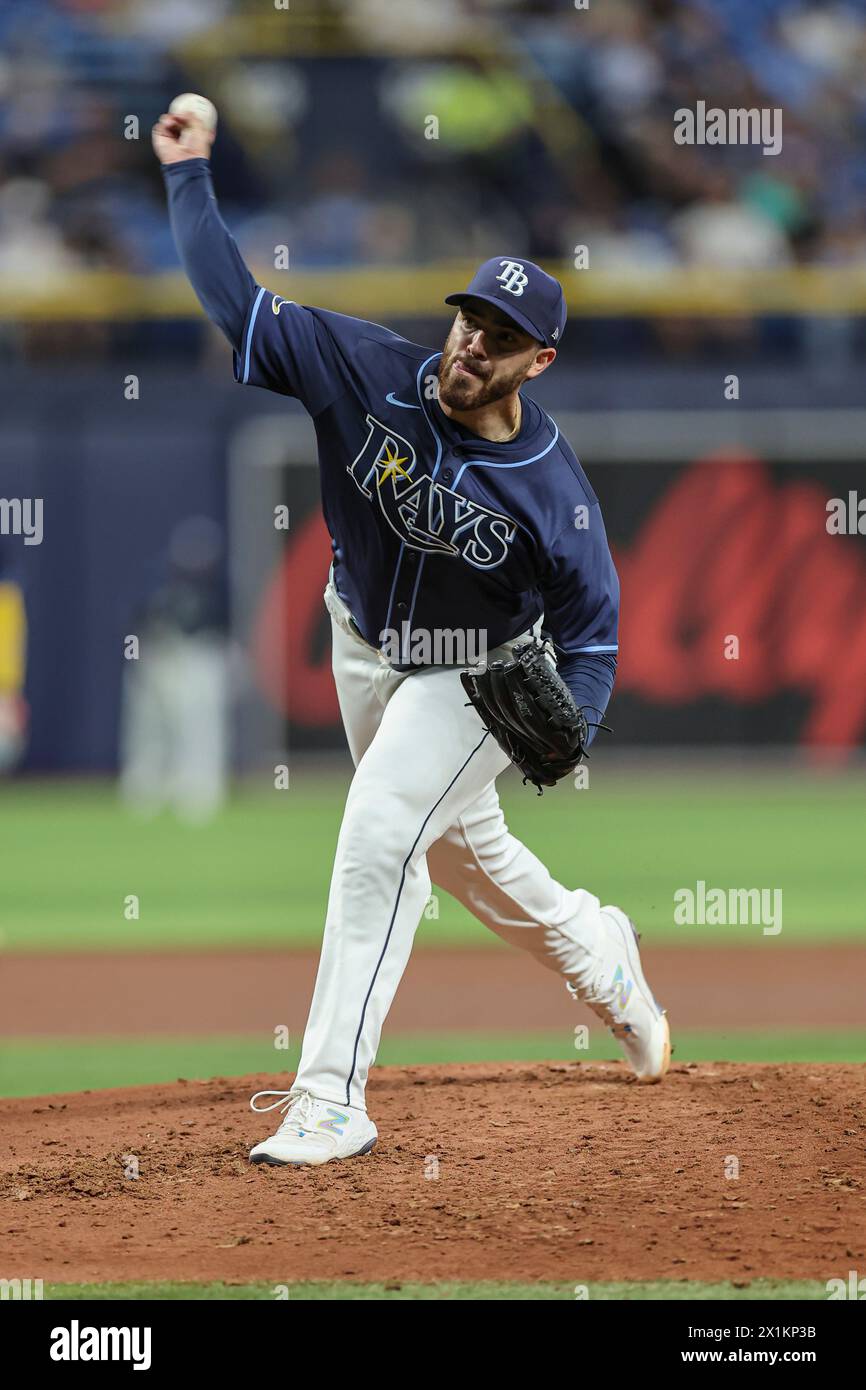 St. Petersburg, FL: Tampa Bay Rays pitcher Aaron Civale (34) delivers a ...