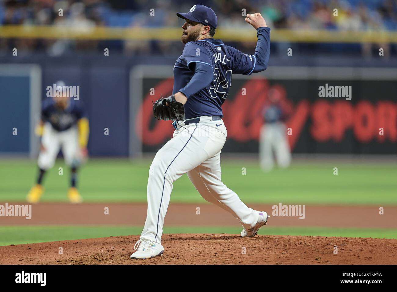 St. Petersburg, FL: Tampa Bay Rays pitcher Aaron Civale (34) delivers a ...