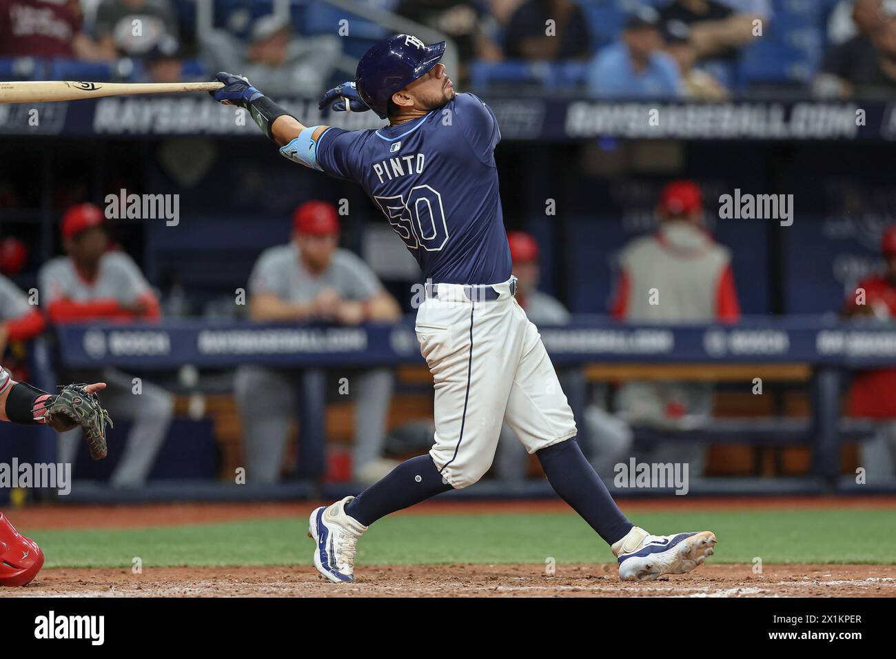 St. Petersburg, FL: Tampa Bay Rays catcher René Pinto (50) flies out to ...