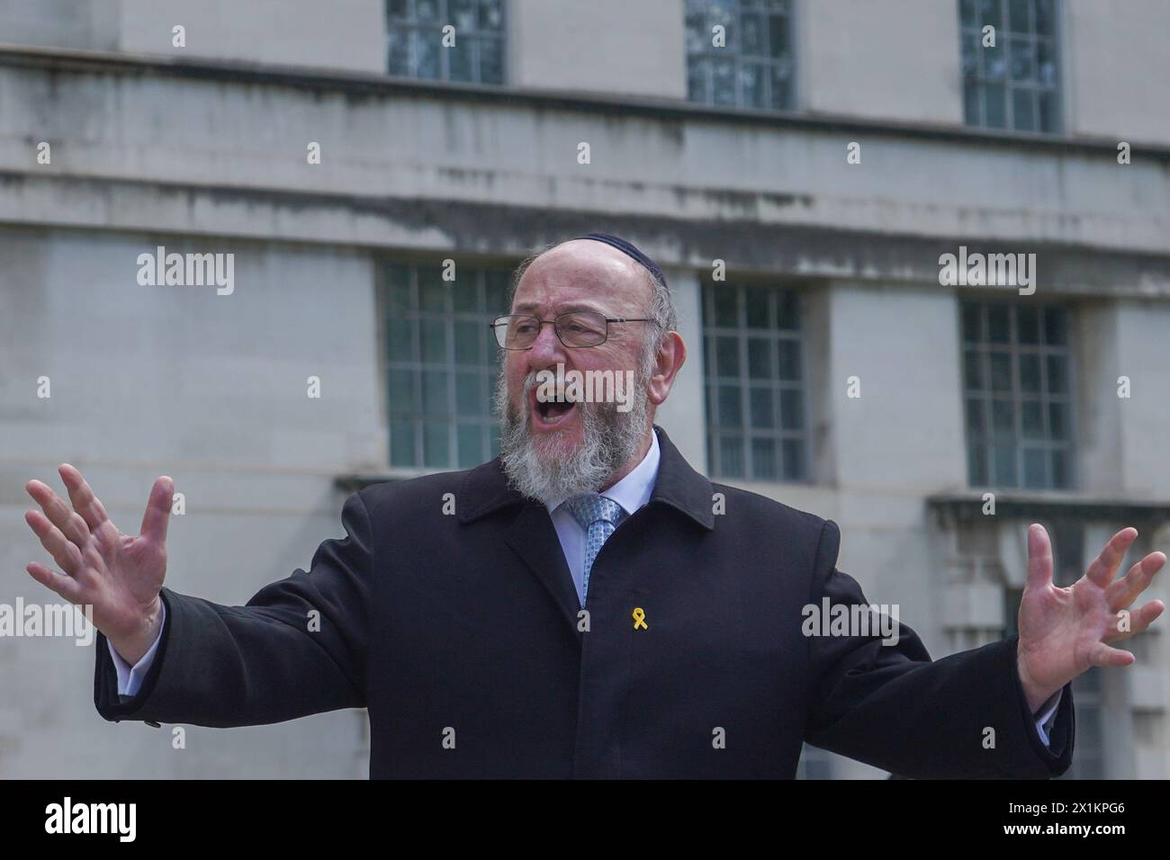 London 17 April 2024 . Chief Rabbi, Ephraim Mirvis, speaks at the ...