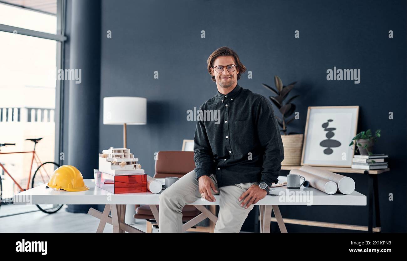 Architect, man in portrait and smile with pride in office, professional ...