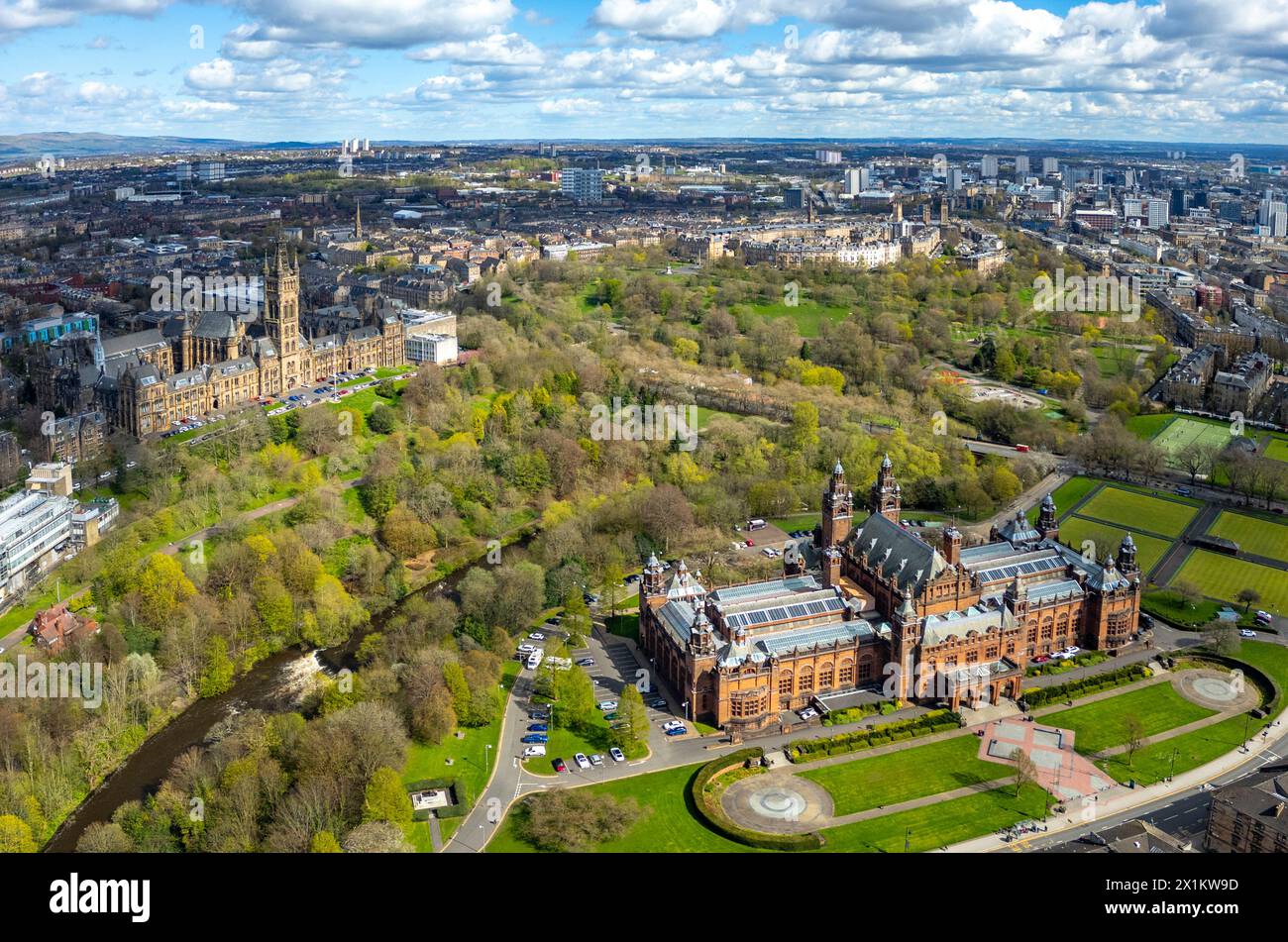 Aerial view of Kelvingrove Park and Glasgow University left and ...