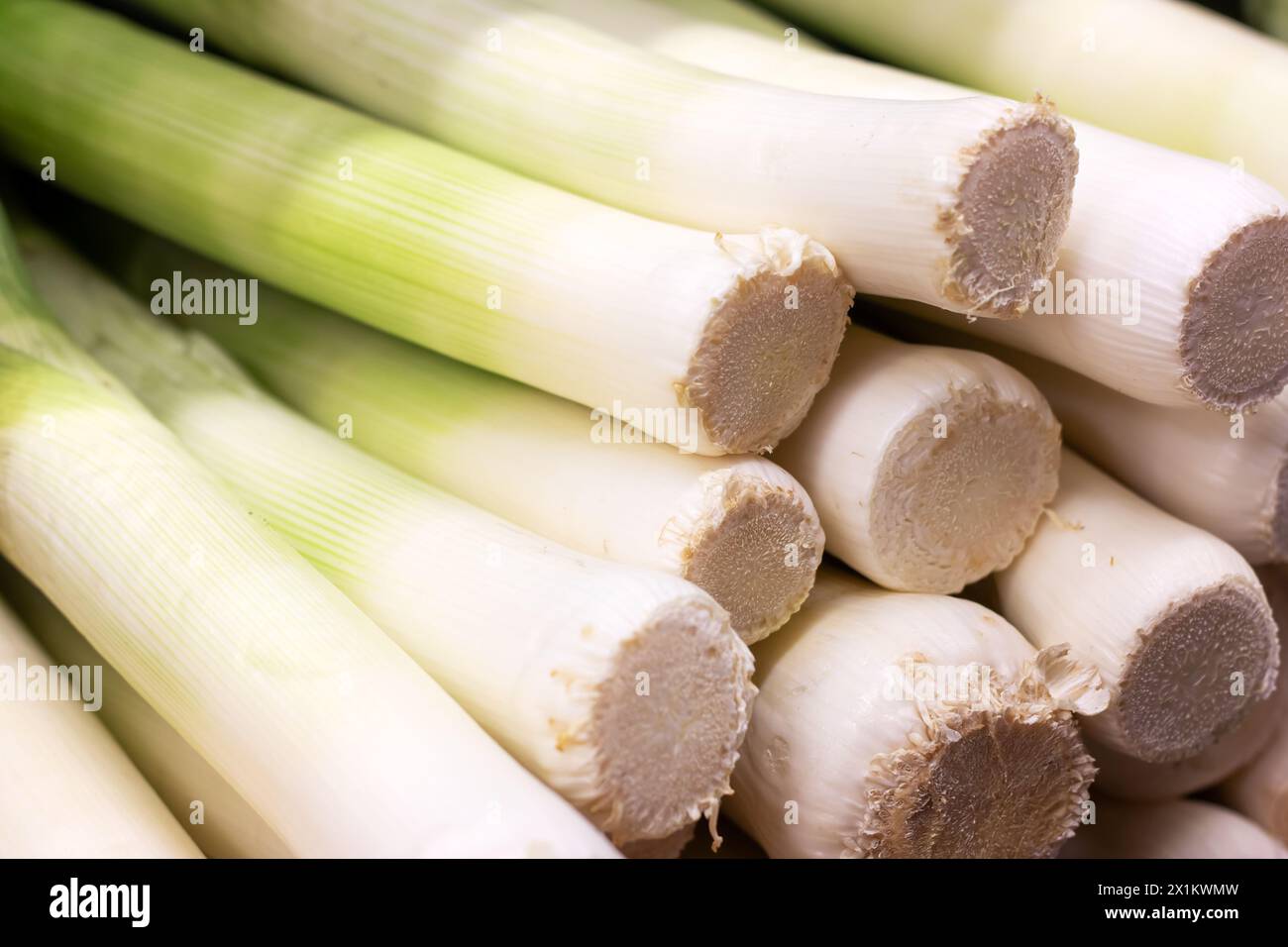 A pile of leeks, a versatile and nutritious vegetable, stacked on top ...
