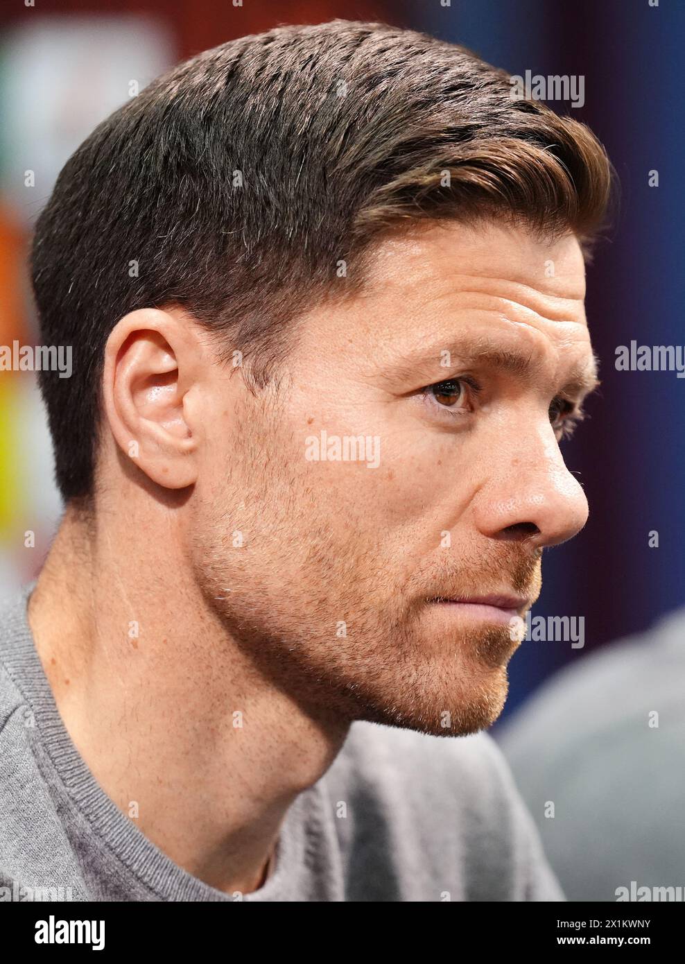 Bayer Leverkusen manager Xabi Alonso during a press conference at the ...