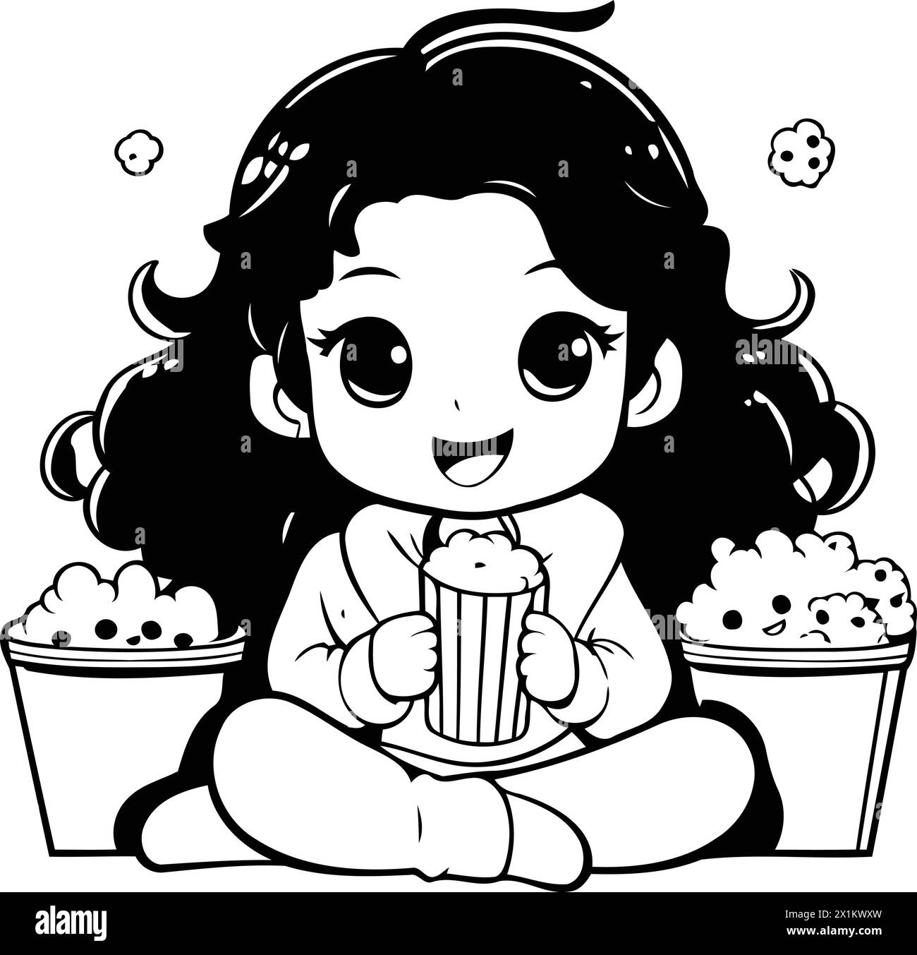 Cute Girl Eating Popcorn And Drinking Beer Vector Cartoon Illustration Stock Vector Image And Art