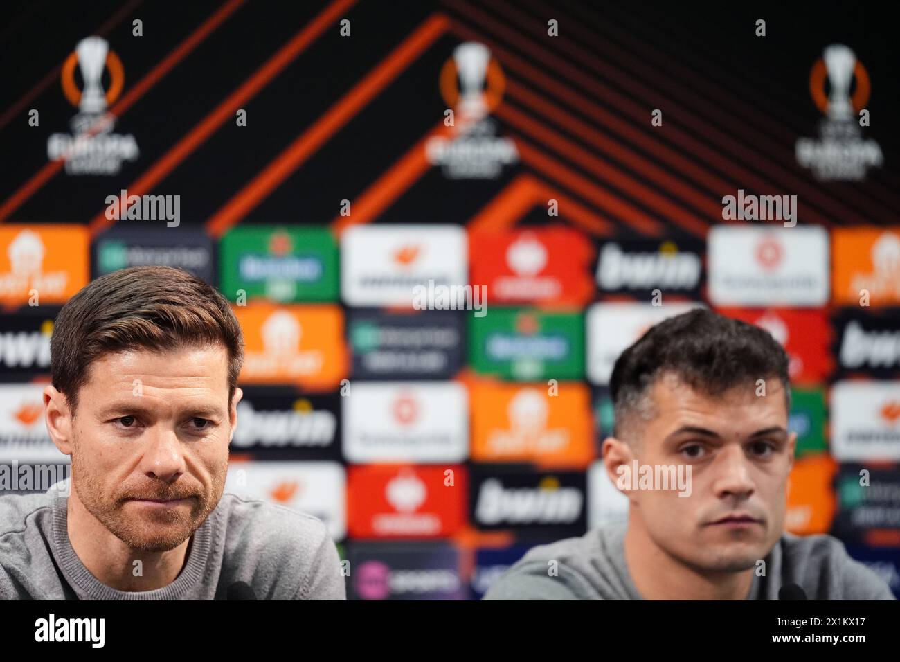 Bayer Leverkusen manager Xabi Alonso (left) and Granit Xhaka during a ...