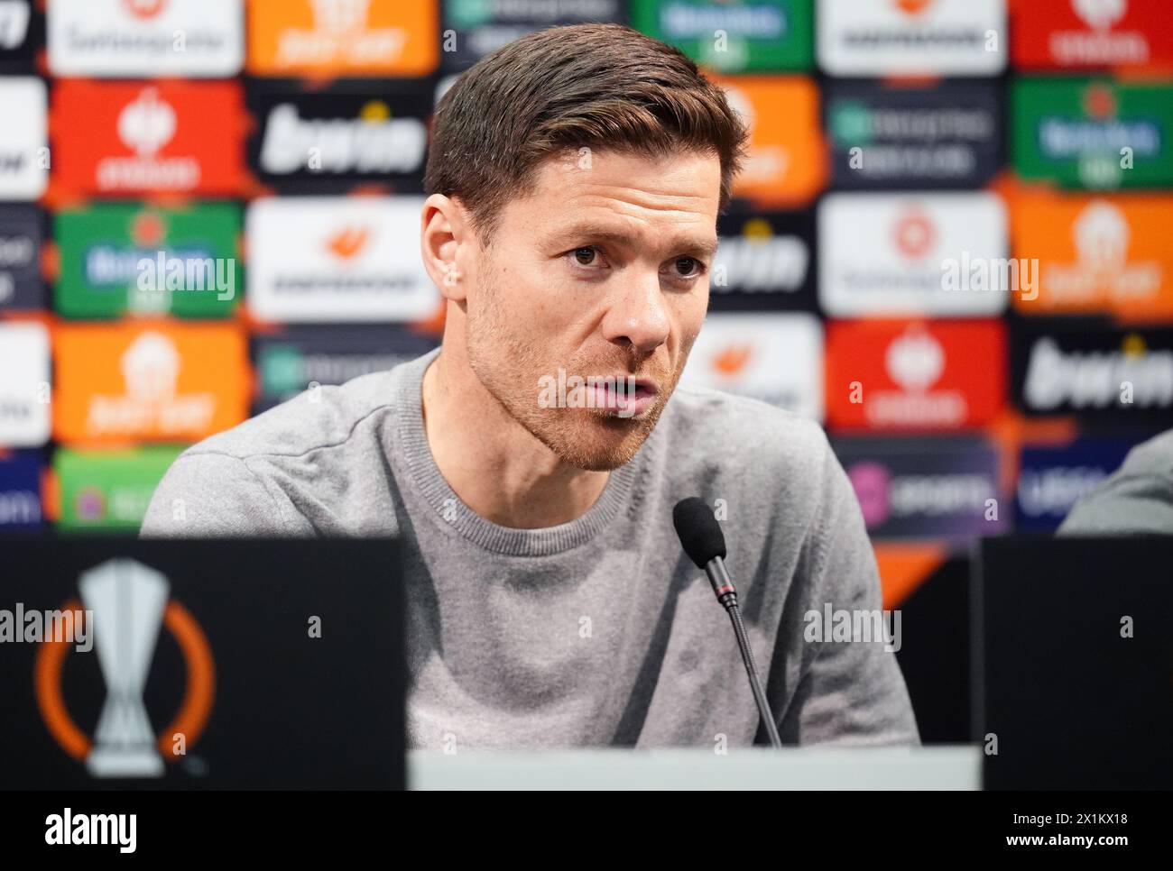 Bayer Leverkusen manager Xabi Alonso during a press conference at the ...