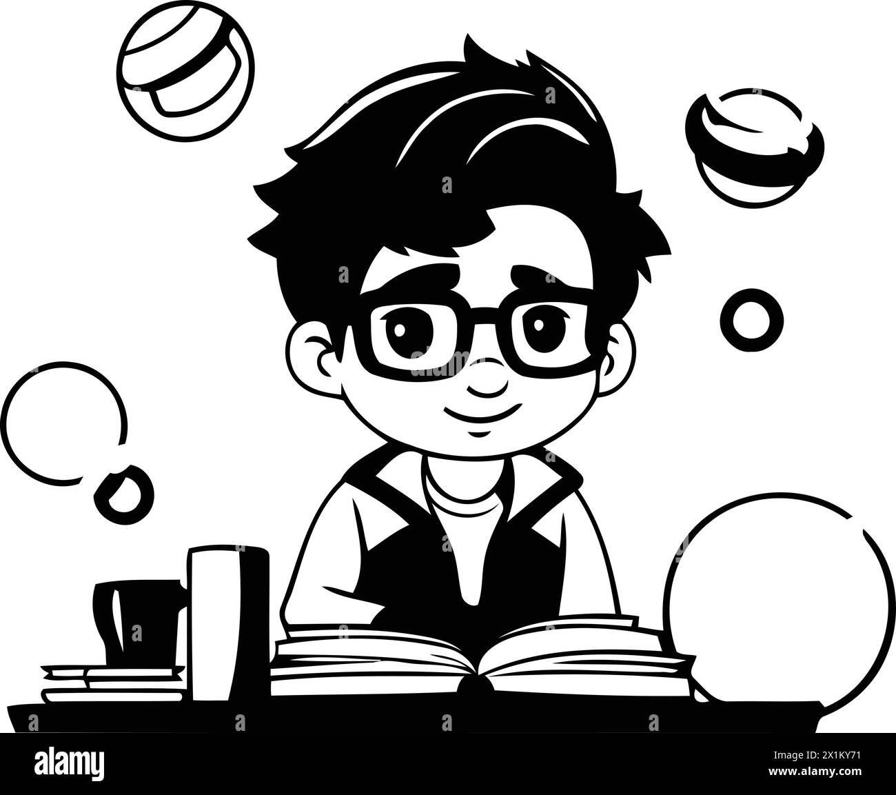 Vector illustration of schoolboy doing homework. Cute schoolboy in ...