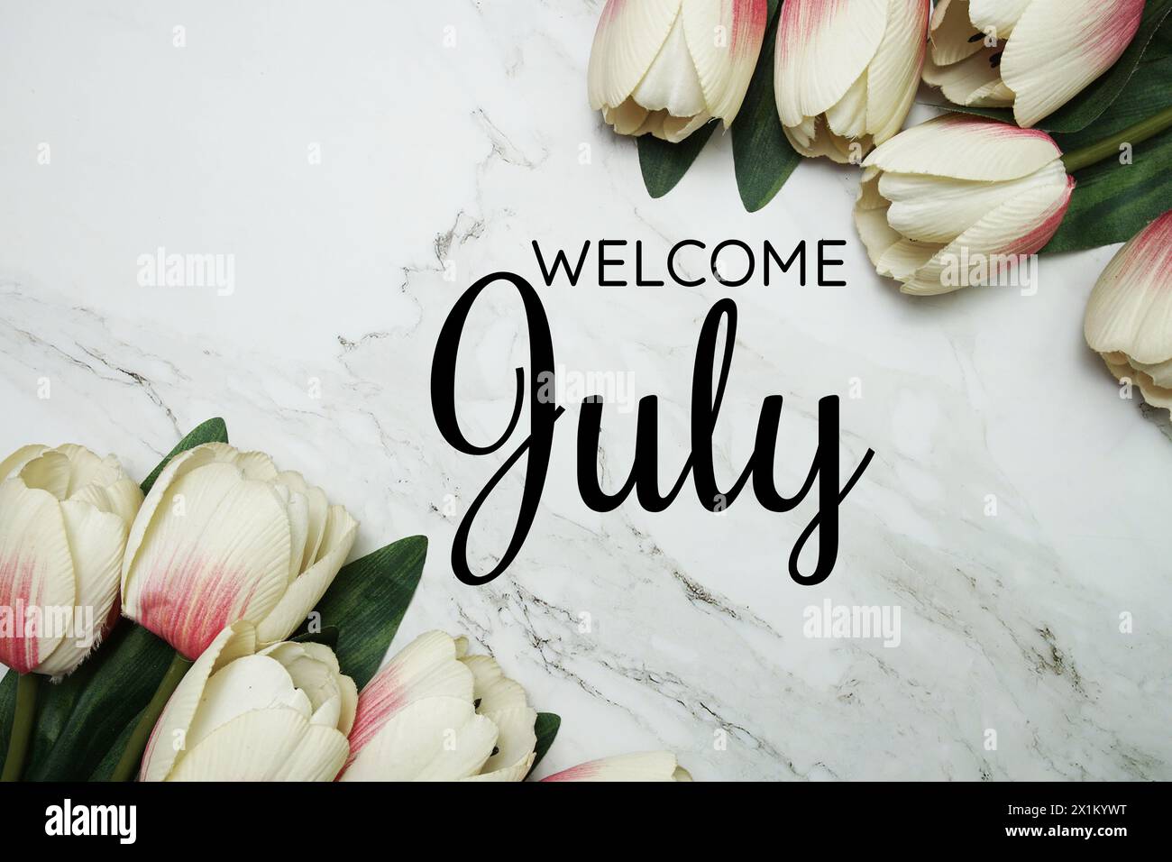Welcome July text with Tulip flower border frame with space copy on ...