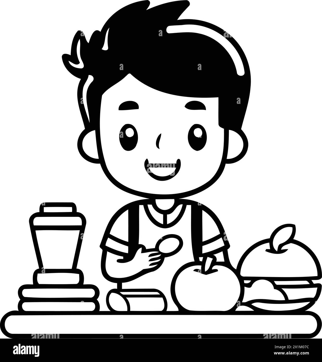 Boy cooking healthy food at home. Vector illustration in cartoon style ...