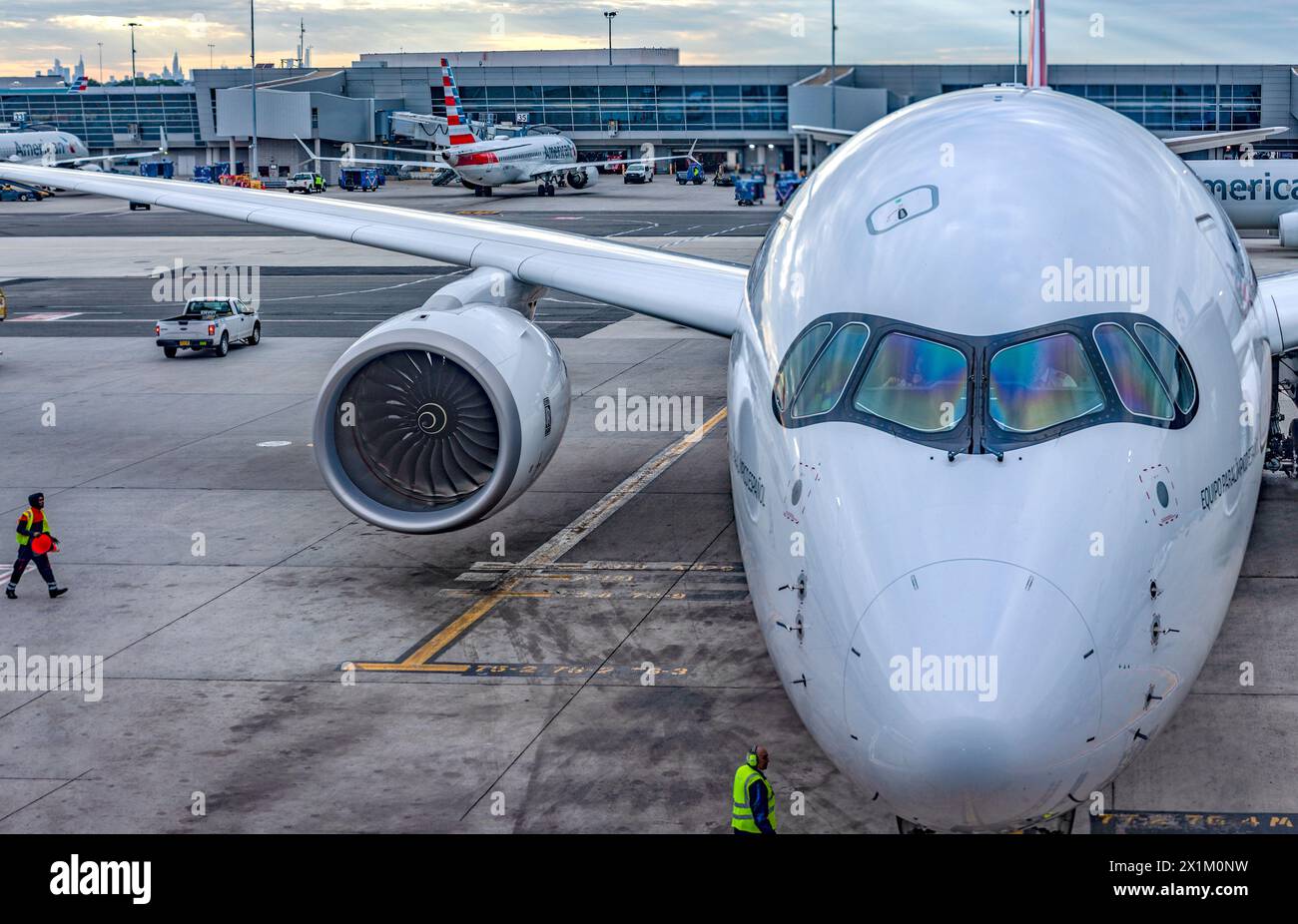 Panoramic view of the cabin of an Airbus A350, which is a commercial ...